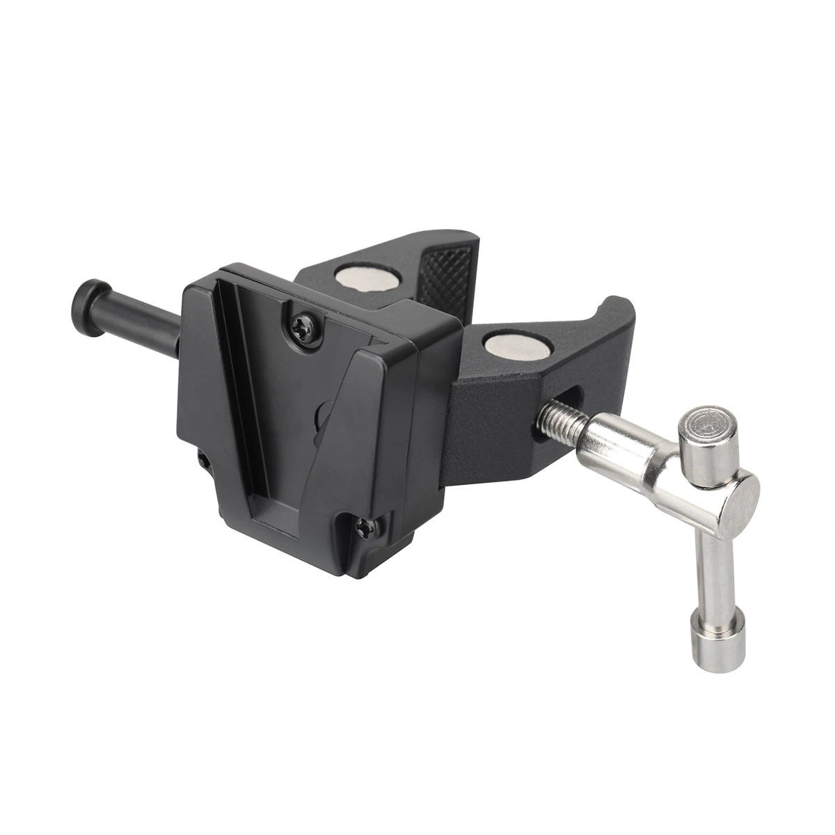 Адаптер для батарейки V-Mount с клеммой для крепления на световой штанге или штативе, грузоподъемность 1,2 кг, ширина клеммы максимум 4 см, материал металл, вес изделия 163 г, вес упаковки 200 г, размер упаковки 14*9,5*4,5 см
