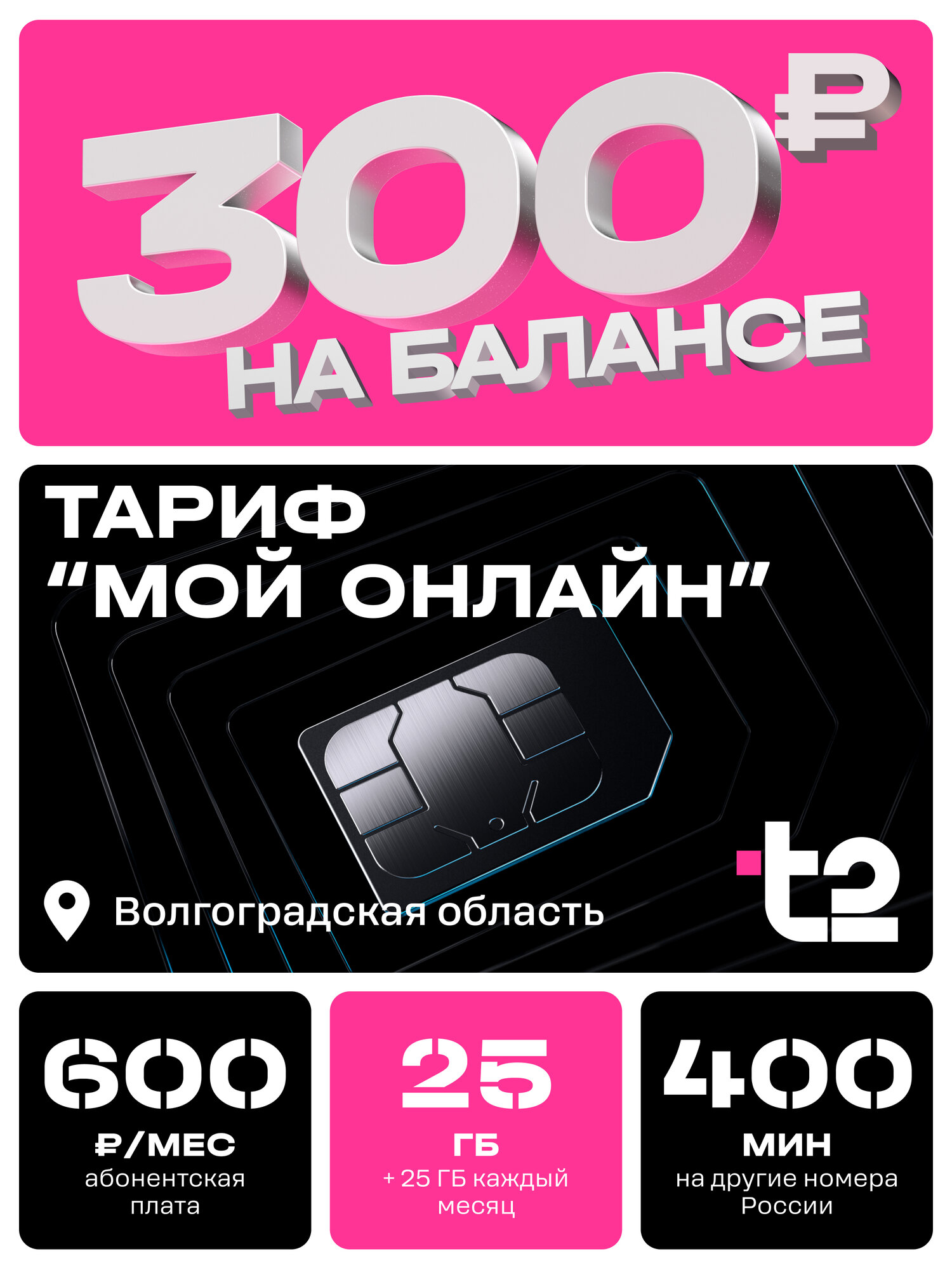 Sim-карта t2 для Волгоградской области, баланс 300 рублей