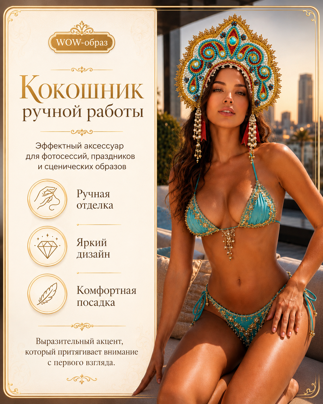 Кокошник женский ручной работы бирюзовый с золотым декором для фотосессии и сцены