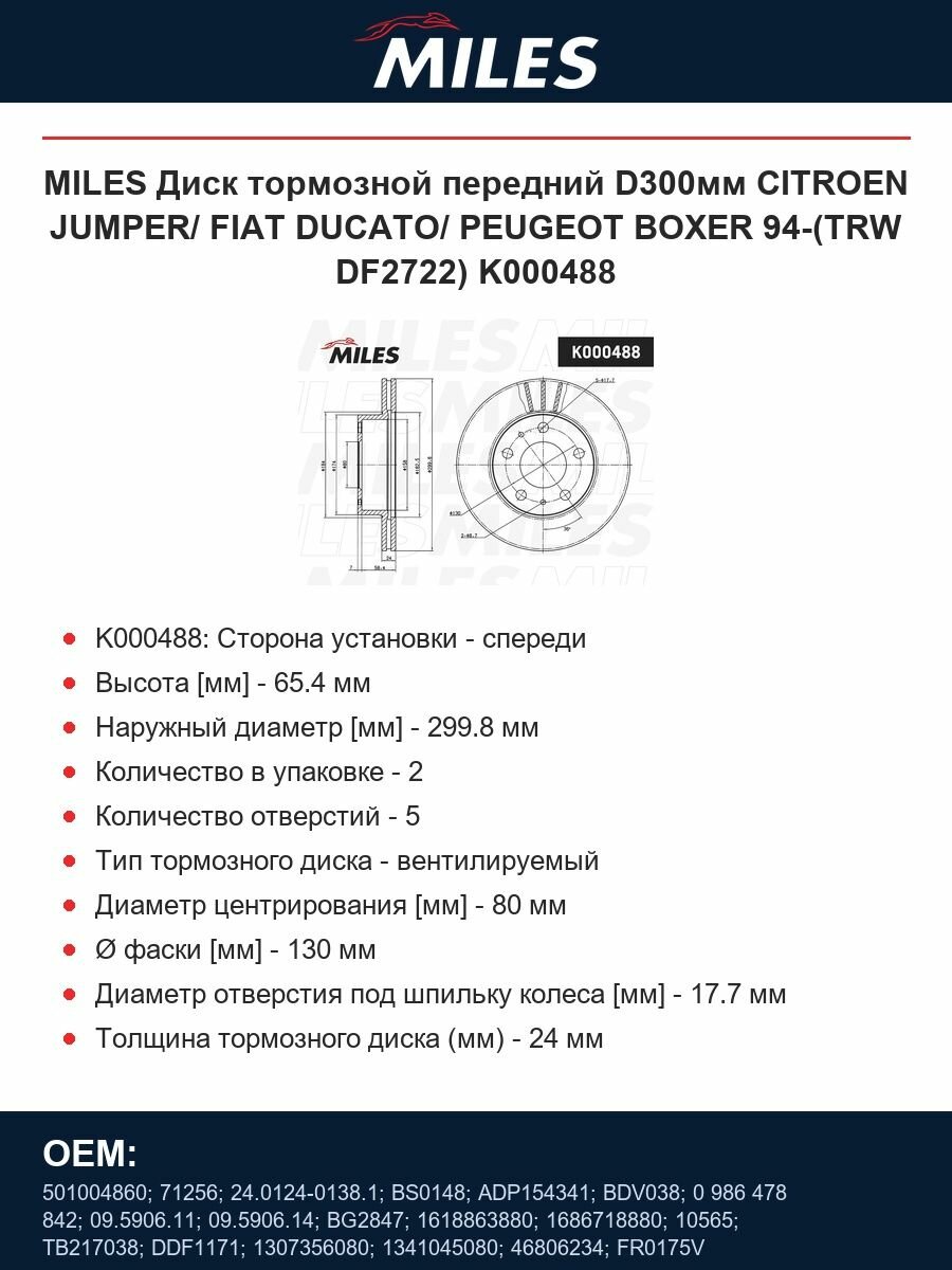 MILES Диск тормозной передний D300мм CITROEN JUMPER/ FIAT DUCATO/ PEUGEOT BOXER 94-(TRW DF2722) K000488