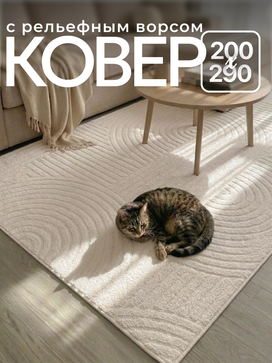 Ковер на пол 200 на 290 для комнаты, спальни, гостиной/ ворс - 8 мм, основа - джут/ AkTs