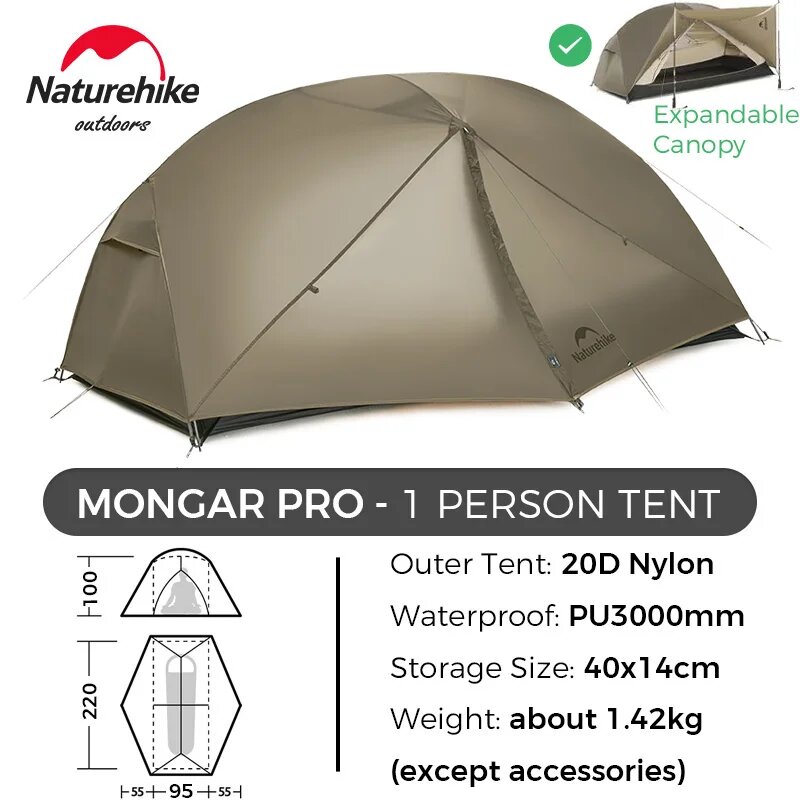 Палатка Naturehike Mongar Tent PRO/UL/BASE на 1, 2, 3 человека с расширяемой козырьковой крышей, легкая палатка для кемпинга, походов, водонепроницаемый укрытие, палатка для походов с рюкзаком