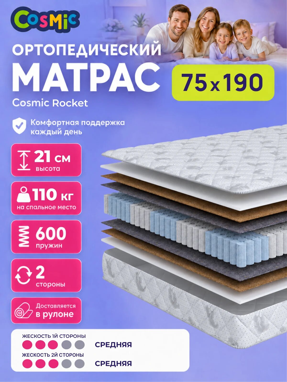 Матрас Cosmic Rocket 75x190 см, пружинный, средней жесткости, высота 21 см, анатомическая поддержка
