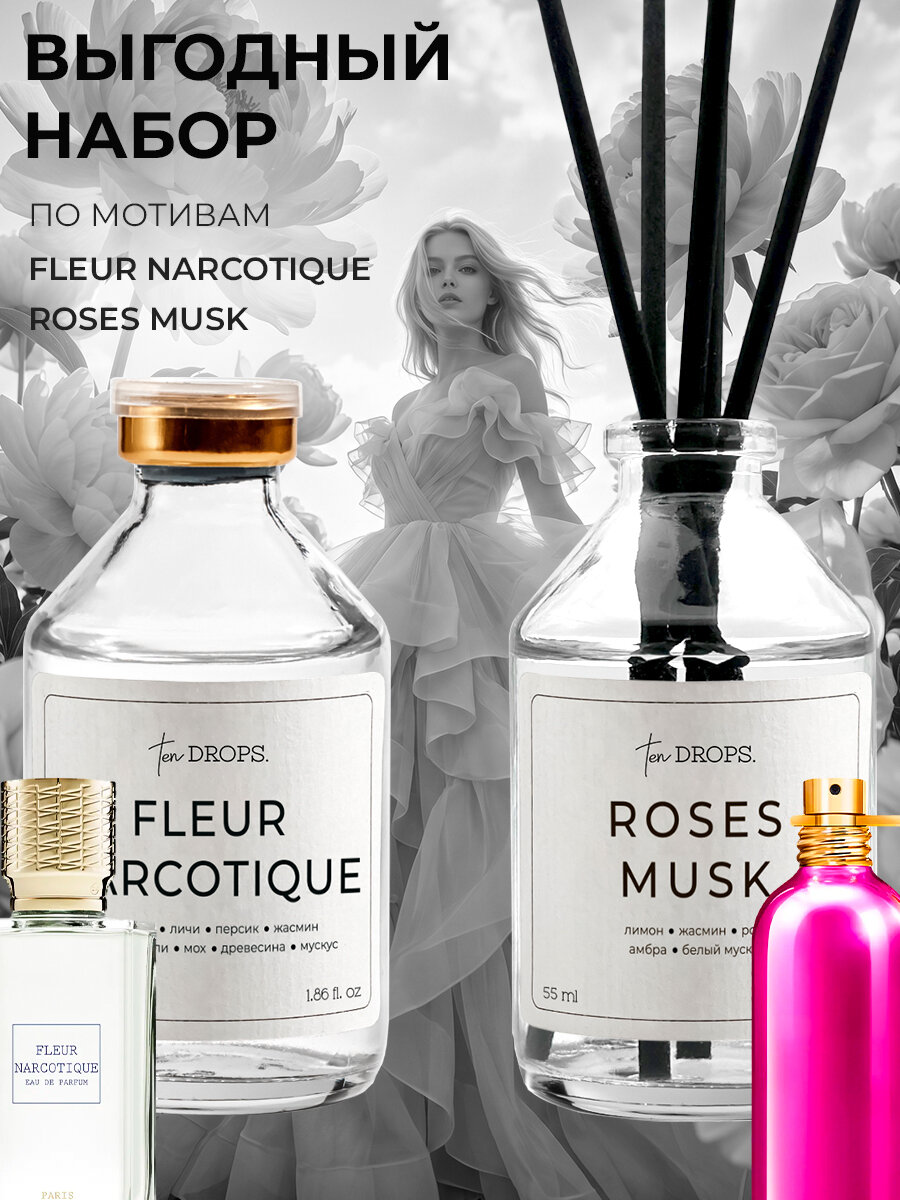 Диффузор для дома с палочками "Roses Musk + Fleur Narcotique" 2х55 мл, аромадиффузор с палочками