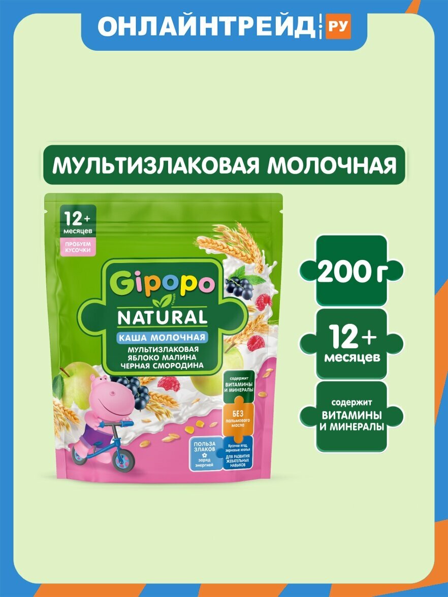Каша молочная Gipopo (гипопо) мультизлаковая с яблоком, малиной и черной смородиной с 12 мес 200 г