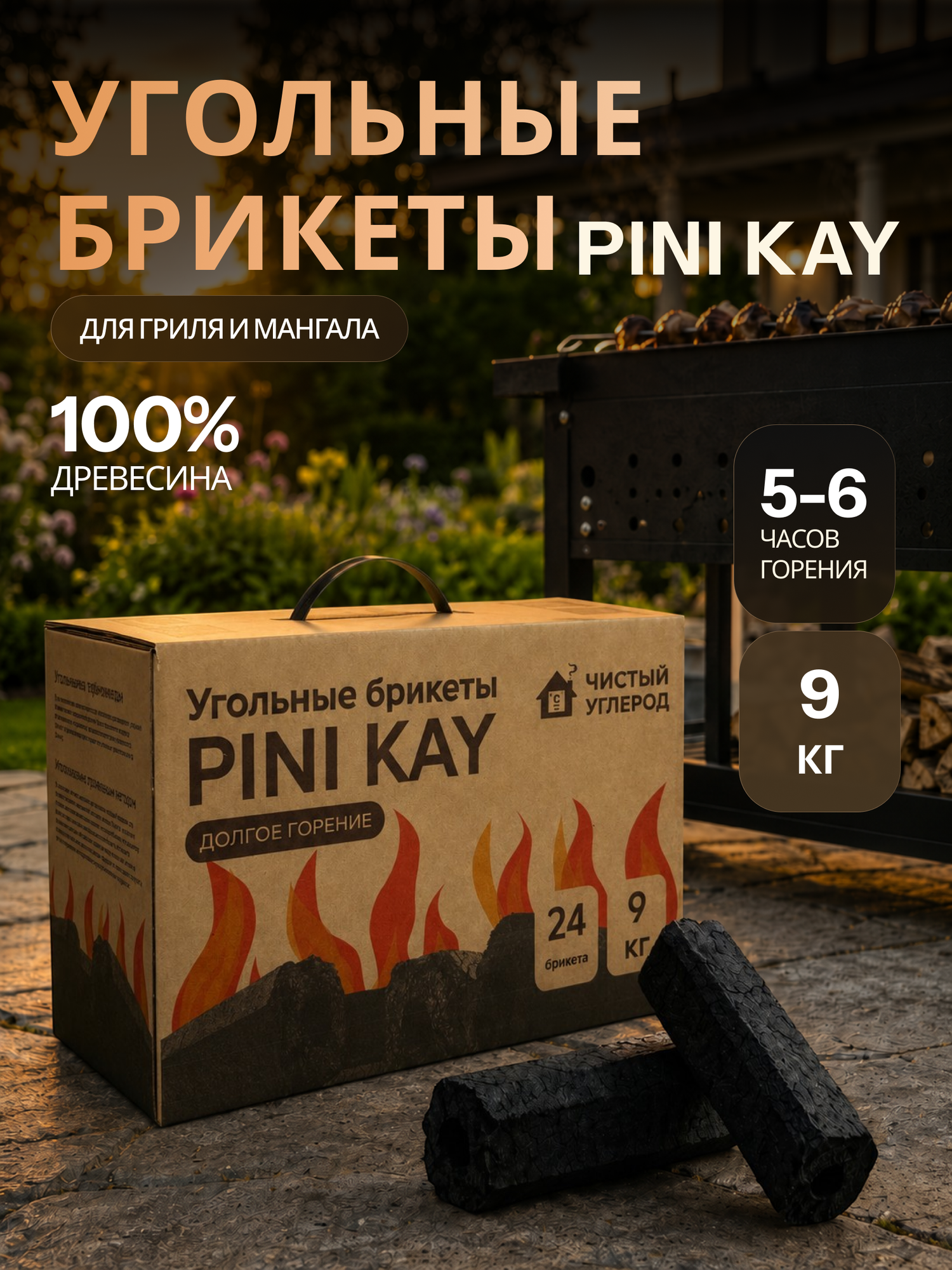 Угольные брикеты для гриля и мангала Pini Kay, PREMIUM, 9 кг