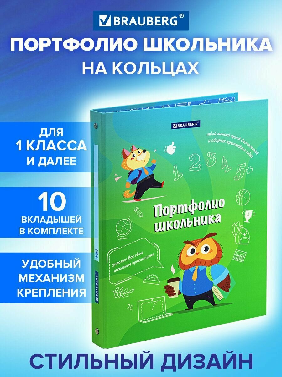 Портфолио для школьника папка, А4, 4 кольца, 20 файлов, 10 вкладышей, 7БЦ, Отличник, портфолио папка для школьника папка на кольцах А4