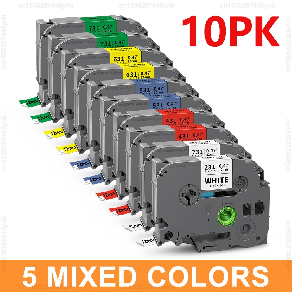 Лента для этикеток Labelwell Tze231 6/9/12/18/24 мм для принтеров Brother 10PK 5Mixed Colors, 18 мм