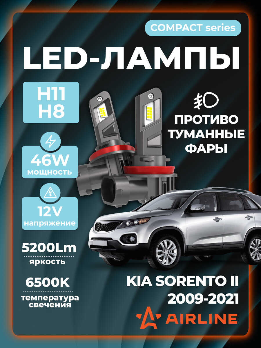 Лампы светодиодные H11/H8 COMPACT для KIA Sorento II (2009-2021) противотуманные фары, 46W, 12В, 6500K, 5200Лм, комплект 2 шт / Компактные лед лампы Н11/Н8, автосвет на КИА Соренто