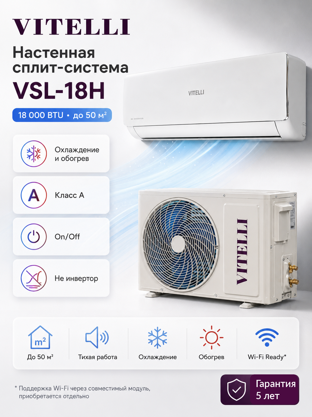 Сплит система кондиционер 18 VITELLI VSL-18H, мощность 18000 BTU, Wi-Fi (опция), А класс, для дома на 55 м², белый