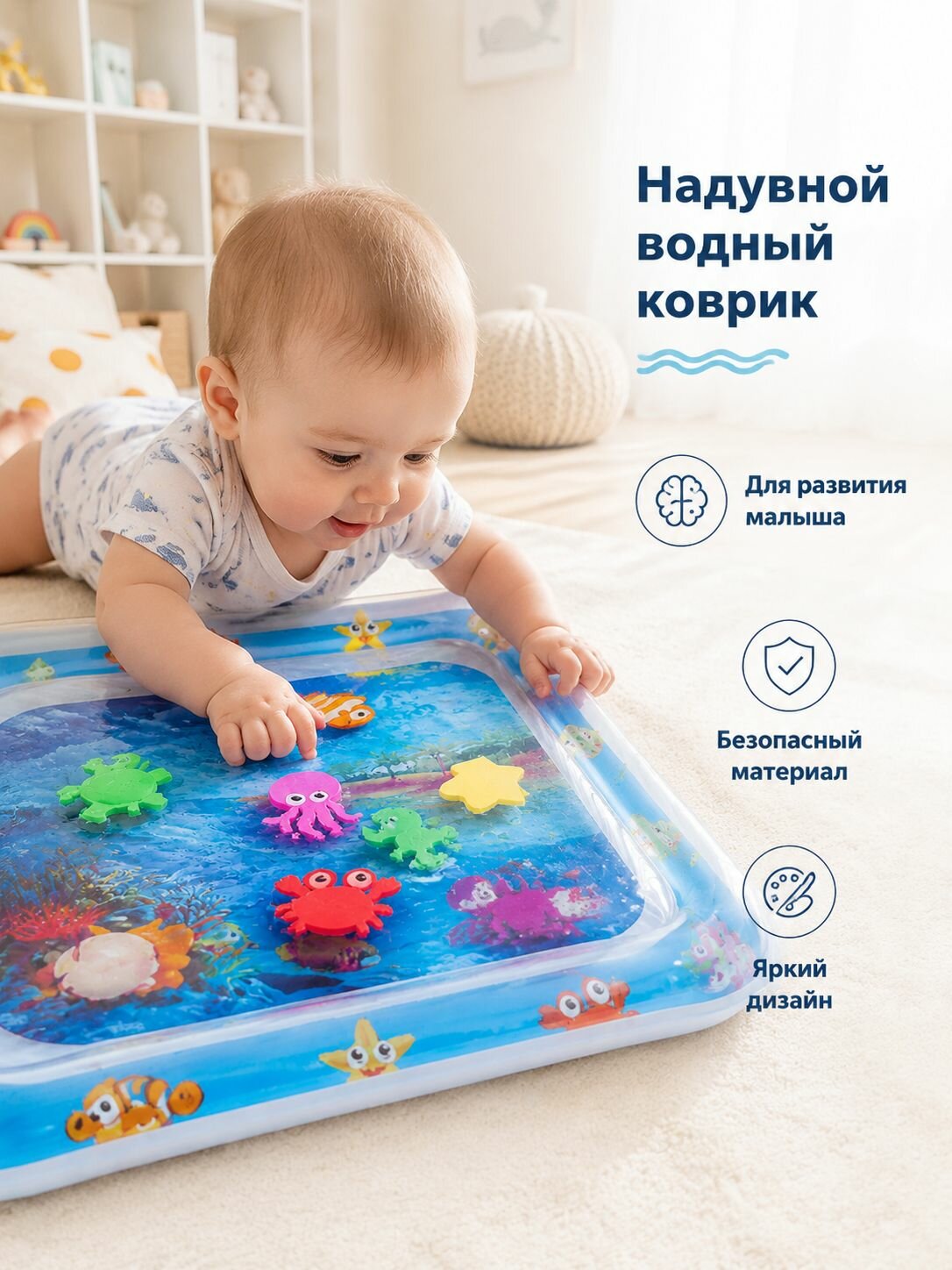 Надувной водный коврик для малышей, детский игровой сенсорный коврик с морским рисунком для игр на животе