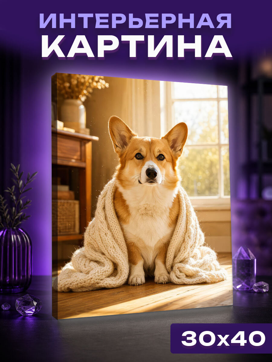 Интерьерная картина Корги в уютном кашемировом пледе у окна