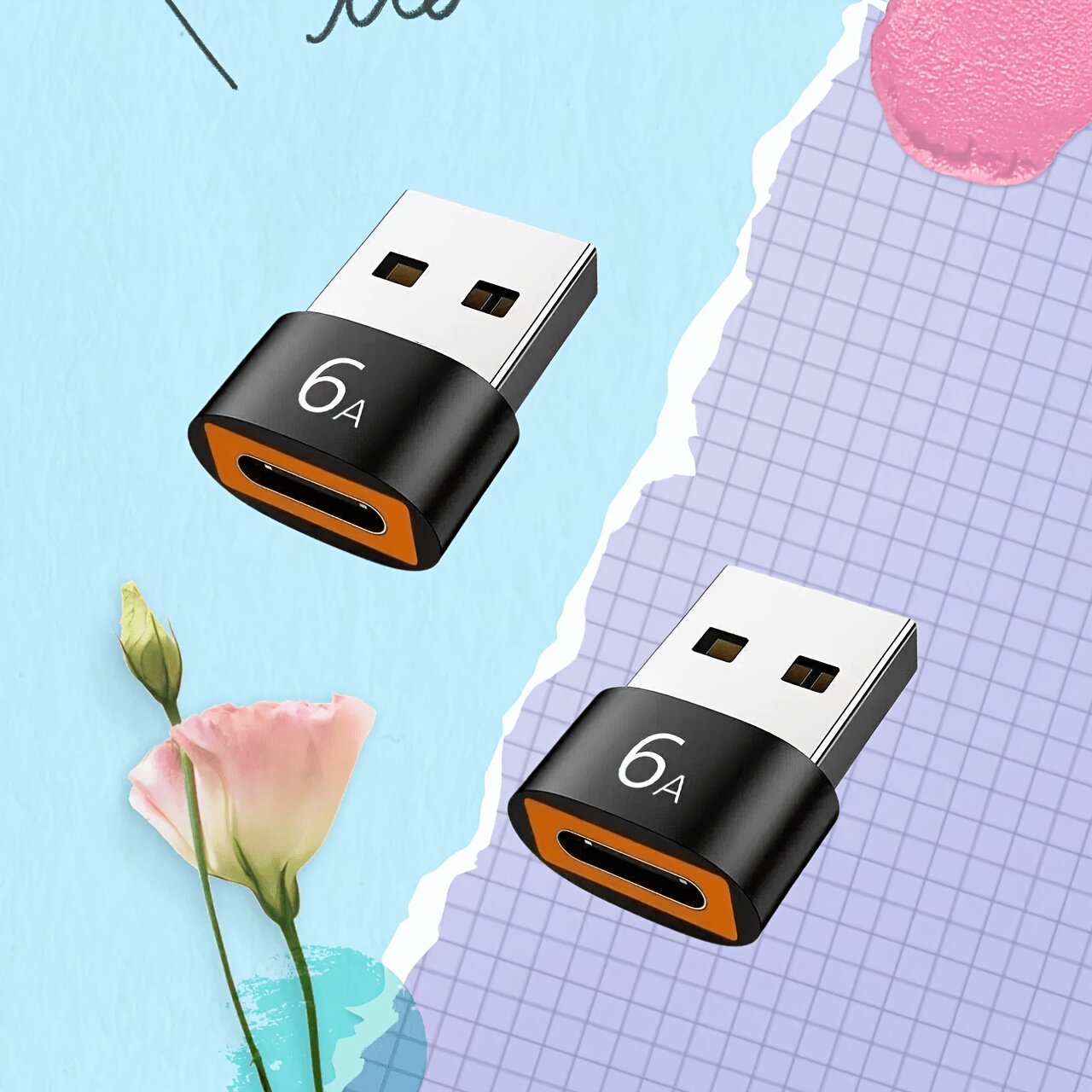 Набор из 2 переходников Type-C на USB, 6A, черный, для зарядки и чтения USB-накопителей