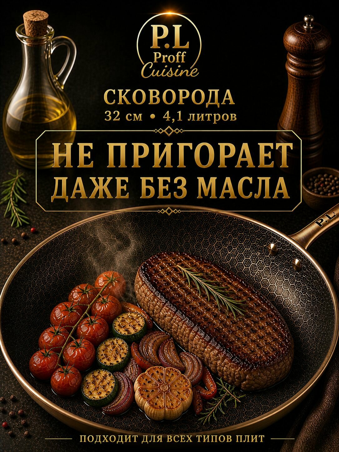 Сковорода антипригарная P.L. Proff Cuisine 32 см, TRI-PLY, нержавеющая сталь, для индукционной плиты, большая