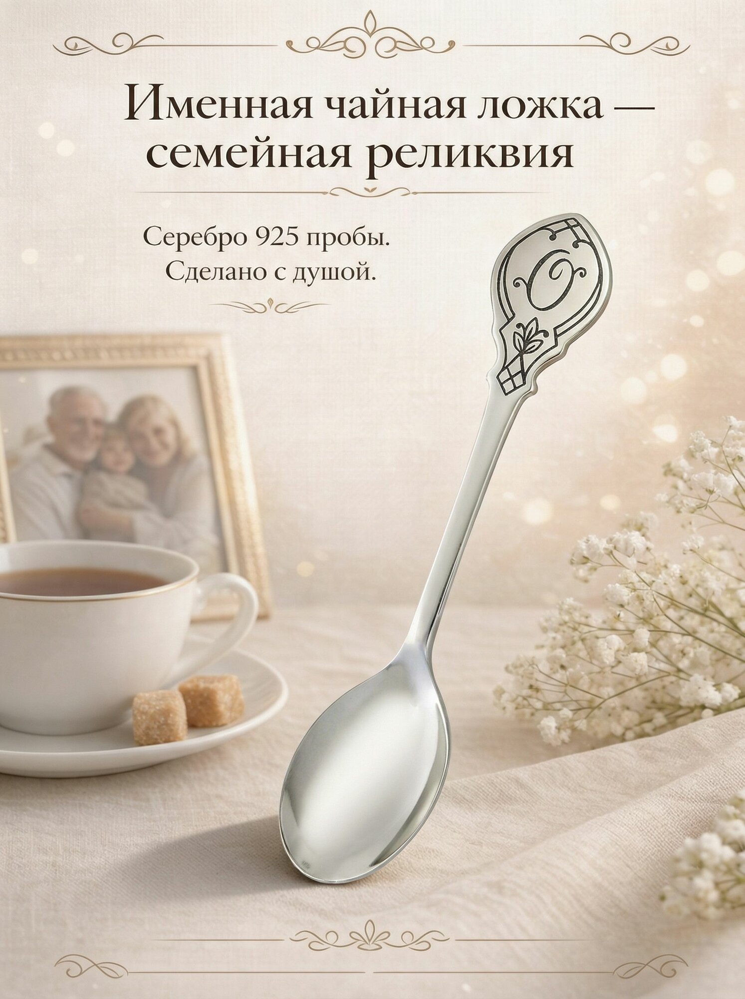 Серебряная именная чайная ложка с буквой "О" в подарочном конверте, серебро 925 пробы