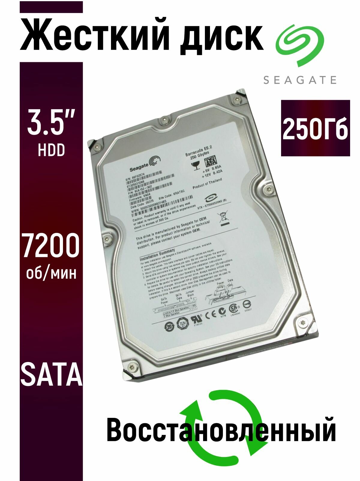Внутренний жесткий диск Seagate 250 ГБ 3.5 дюймов ST3250310NS-V