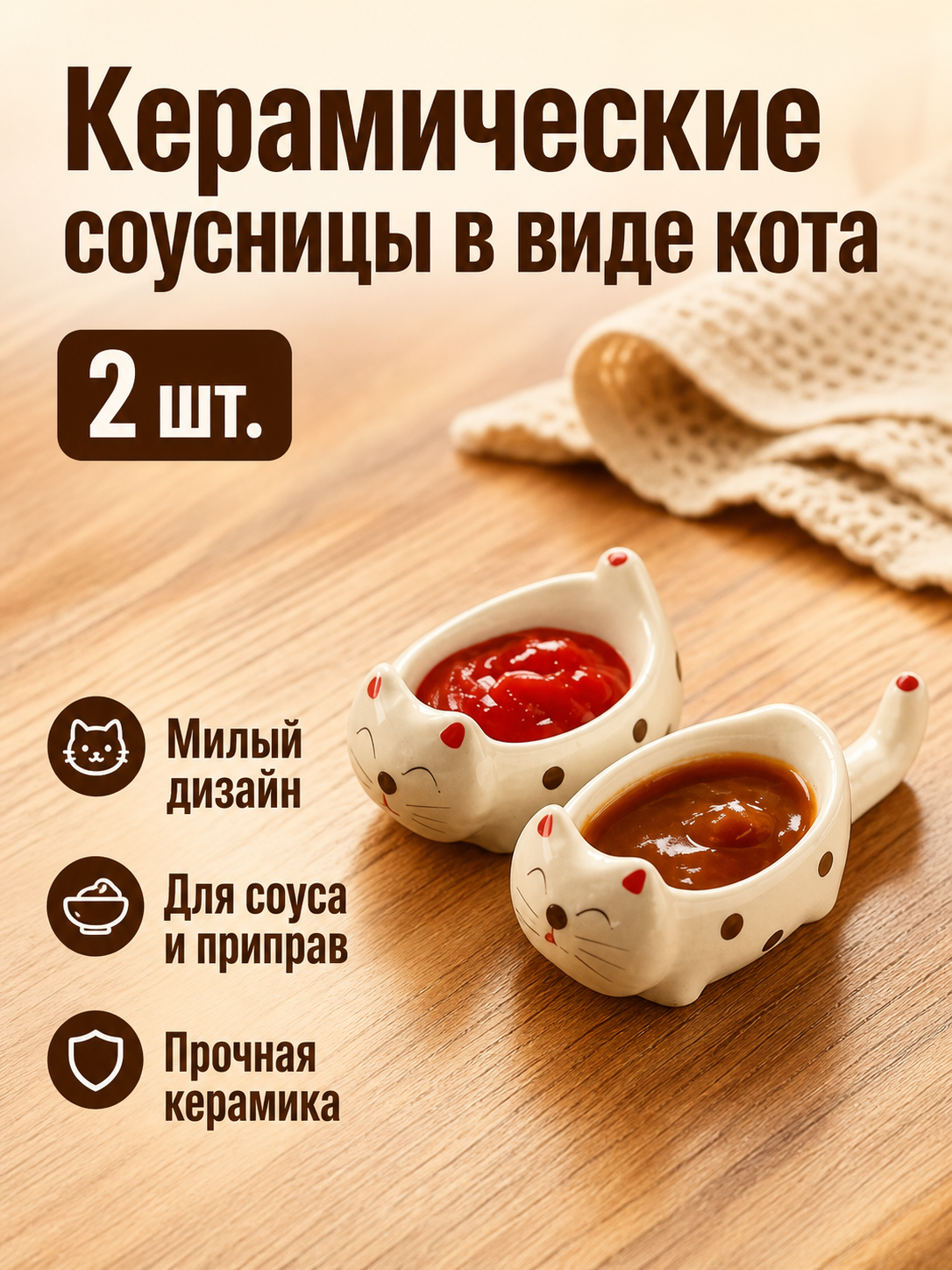 Кот-диски для соуса: 2шт, керамика, для приправ, подставка, милый