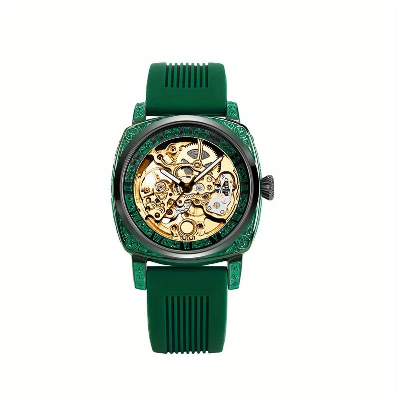 1pcs Women's Black and Green Tape Fashion Design Luminous Automatic Hollow Mechanical Wrist Watch