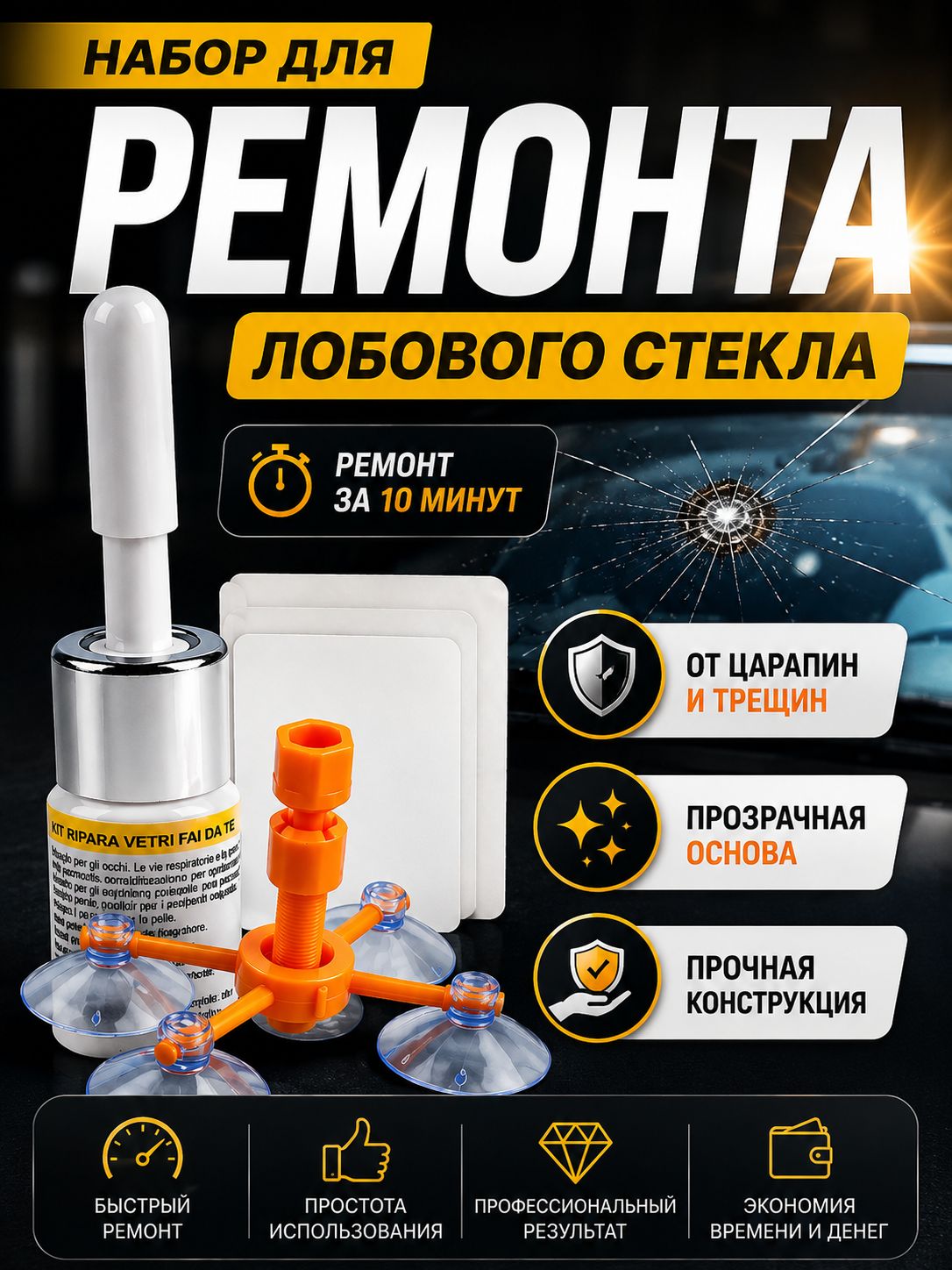Набор для ремонта лобового стекла автомобиля, клей для лобового стекла автомобиля, ремонт сколов и трещин
