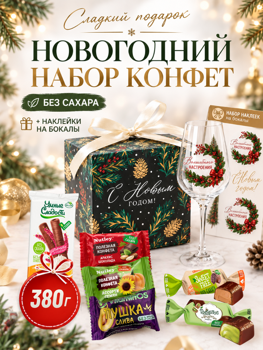 Новогодний подарок сладкий без сахара, без глютена, с наклейками на бокалы, 380 гр