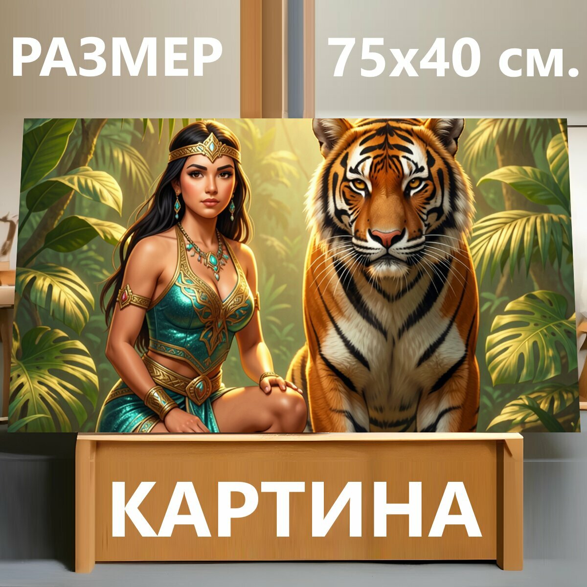 Картина на холсте "Девушка и тигр в джунглях. Фэнтезийная сцена в тропическом лесу: восточная красавица в бирюзовом наряде рядом с." на подрамнике 75х40 см. для интерьера