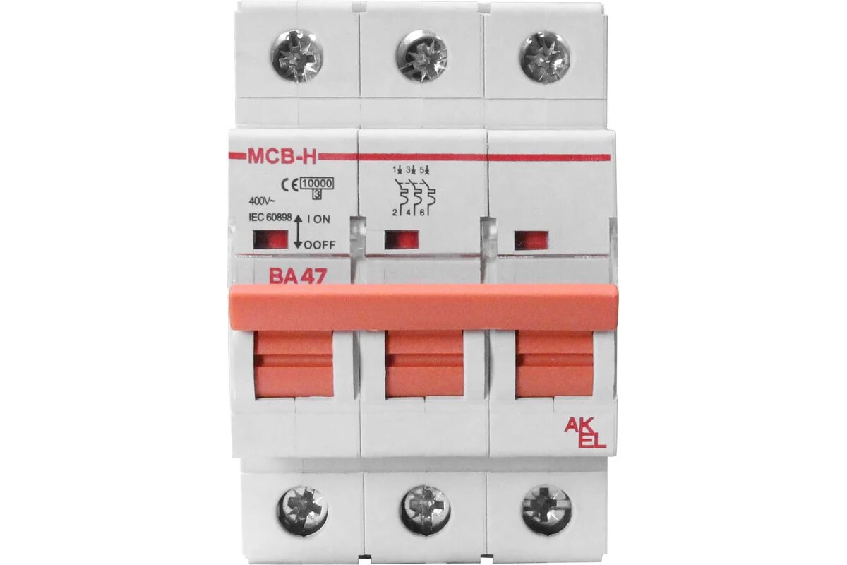 Выключатель автоматический AKEL V47‑MCB‑H‑3P‑D25‑AC 3P/25A/D/10kA модульный белый DIN‑рейка 400В IP20 3 полюса 25А 10кА