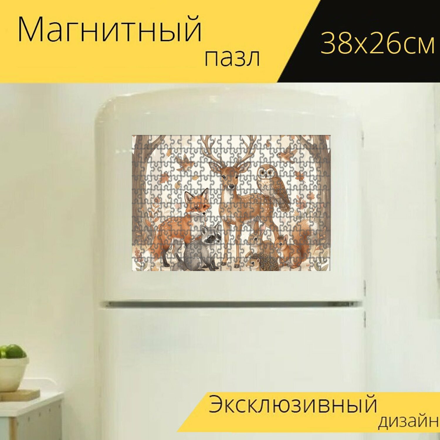Магнитный пазл "Лесные звери в осеннем лесу. Милые дикие животные среди осенней листвы: оленёнок, лиса, енот, сова, белка, заяц и ёжик. Нежная акварель." для интерьера, 38х26 см.