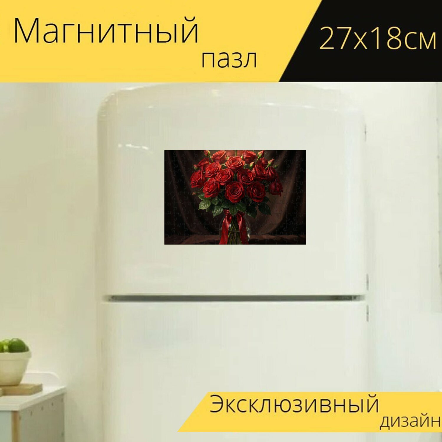Магнитный пазл "Букет красных роз в вазе. Роскошная цветочная композиция из алых бутонов с зелёной листвой и атласной лентой, на тёмном фоне в." на холодильник 27 x 18 см.