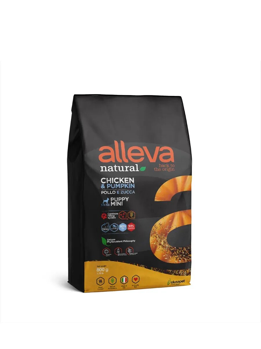 Корм сухой Alleva Natural Puppy Mini Chicken & Pumpkin низкозерновой для щенков мелких пород, курица, тыква, 0,8 кг