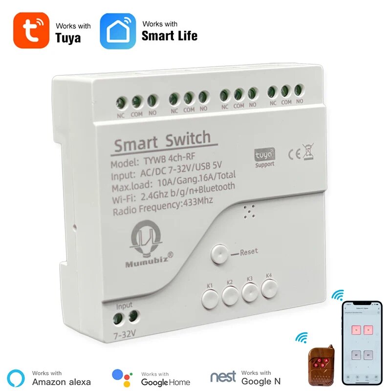 Tuya Smart 4-канальный Wi-Fi RF реле модуль с RF пультом