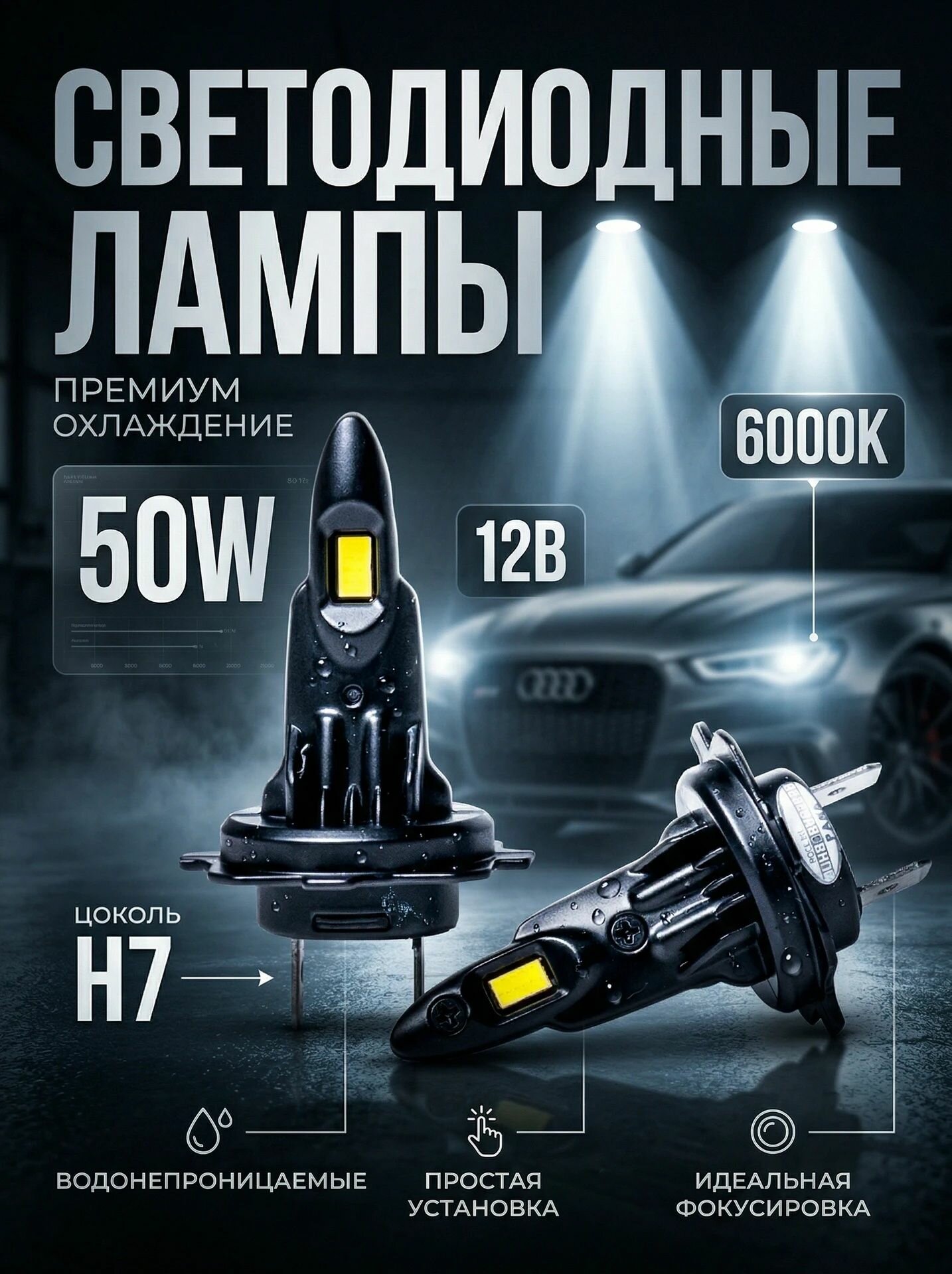 Светодиодные Лед лампы H7 на Citroen C3 2009-2016 / LED лампочки 6000k H7 / Лампы в фары, лампы для Би Линз для Ситроен Ц3