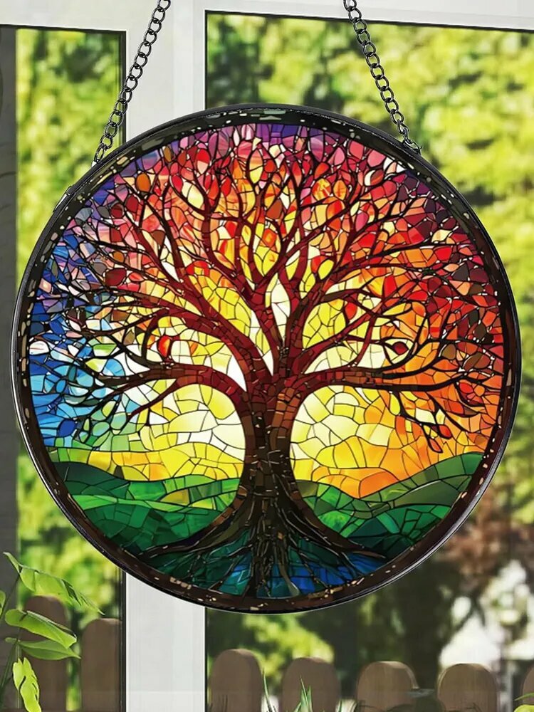 Витражный ловец солнца Древо жизни 15 см, цветной витраж