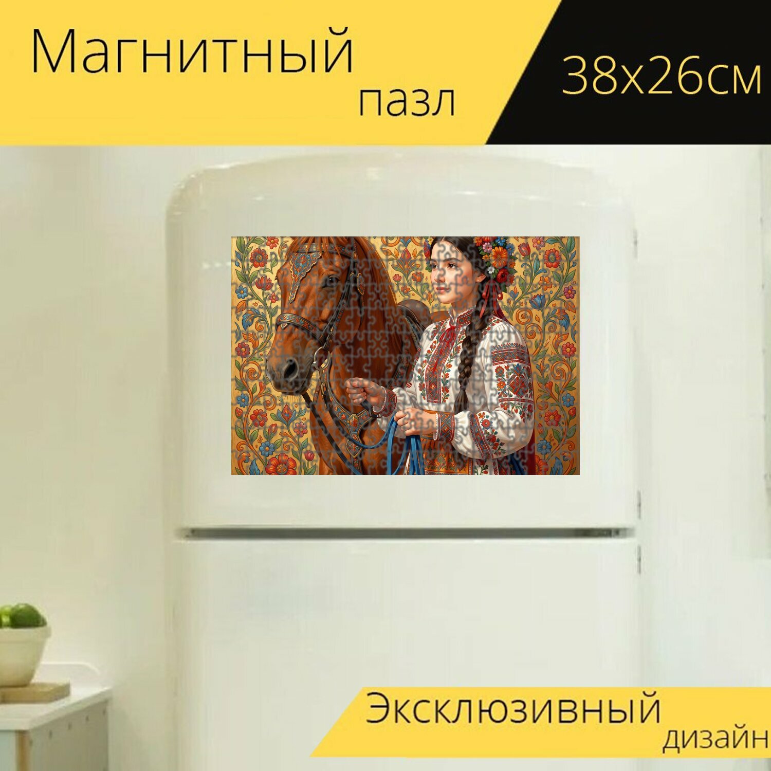 Магнитный пазл "Девушка с лошадью в народном стиле. Русская красавица в вышиванке рядом с рыжим конём, яркий цветочный орнамент, этнические узоры, теплые." для интерьера, 38х26 см.