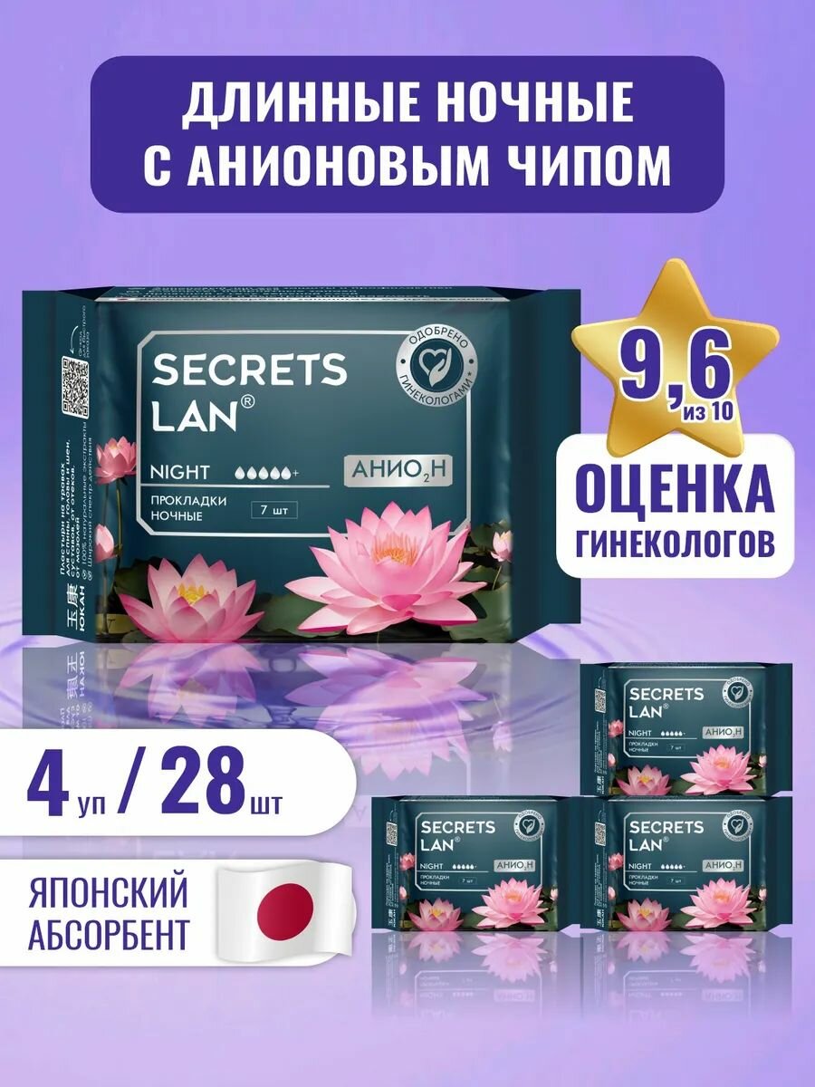 Прокладки женские Secrets Lan ночные длинные анионовые 4 уп.