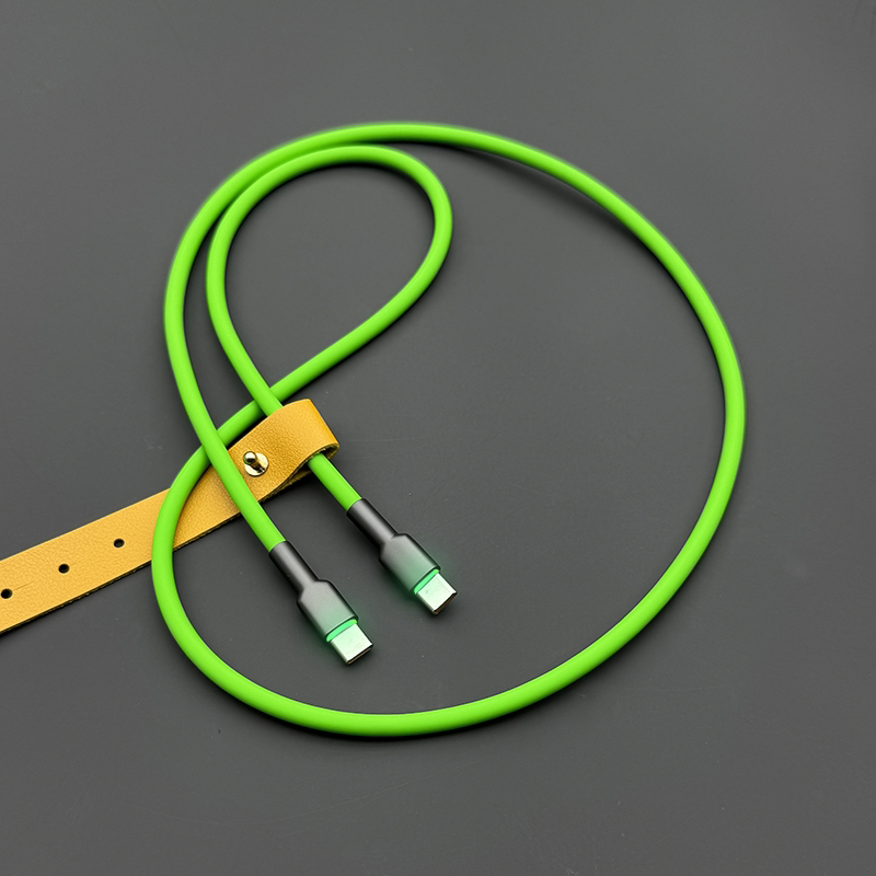 Силиконовый кабель зарядки USB-C на USB-C, 2 метра, неоново-зеленый с RGB-подсветкой для iPhone 15/16/17 и устройств на
