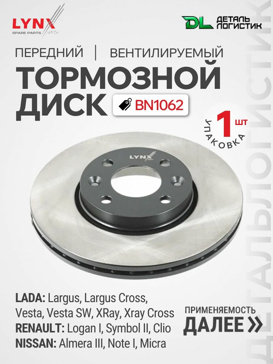 Диск тормозной для Лада Веста (Vesta), Ларгус (Largus), ИксРей (XRAY), Рено Логан 1, Меган 2/Ниссан Альмера G15, Ноут, Микра(8450006845, 4020600Q1M, 402064911R) передний вентилируемый LYNX 1 шт 260х22мм