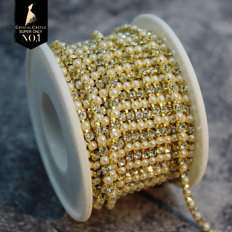 Жемчужная цепочка с хрусталем, 2 мм, Pearl Crystal gold, SS6.5