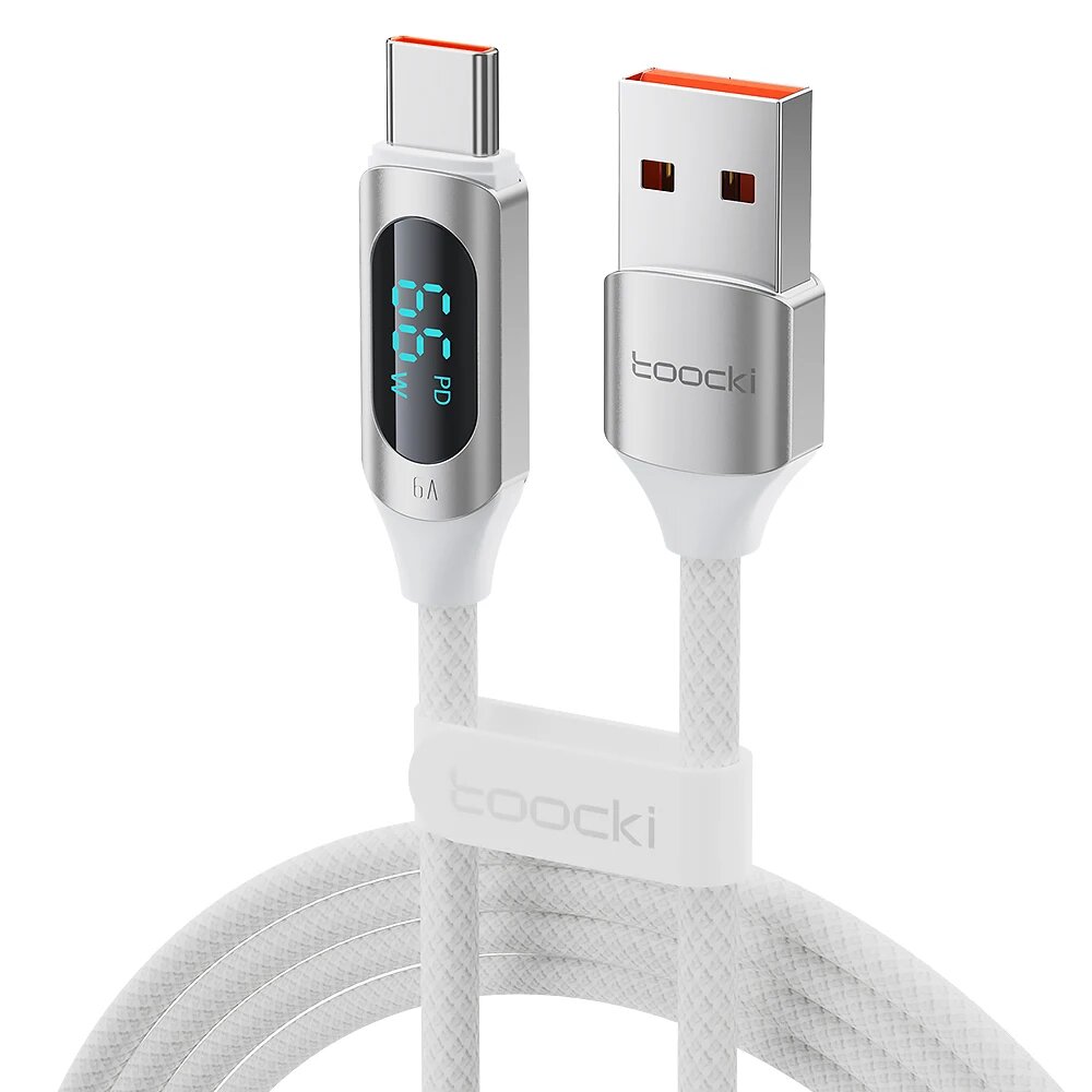 Кабель Toocki USB-C 2m, 100W White, быстрая зарядка