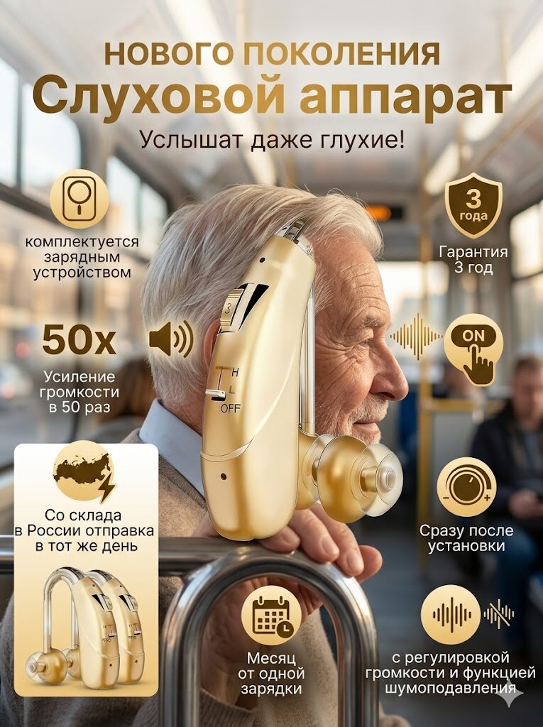 Накладной слуховой прибор с зарядным устройством для пожилых и взрослых