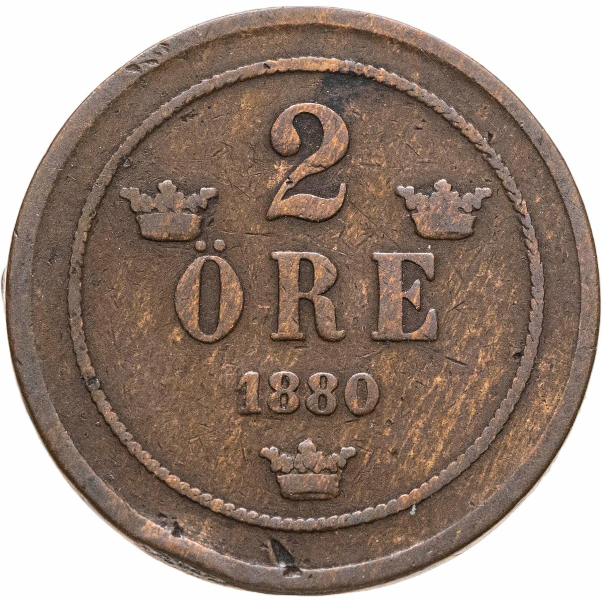 Швеция 2 эре ore 1880, Бронза, в сохранности VF
