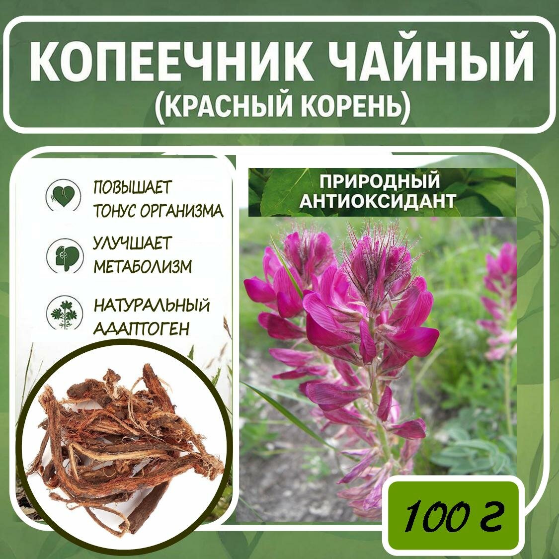 Красный корень (копеечник чайный), корень цельный, 100 грамм
