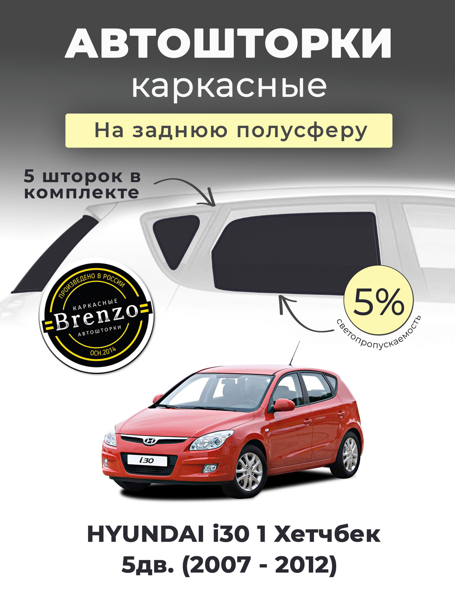 Каркасные шторки HYUNDAI i30 1 Хетчбек 5дв. (2007 - 2012) на заднюю полусферу 5%, сетки от солнца в машину