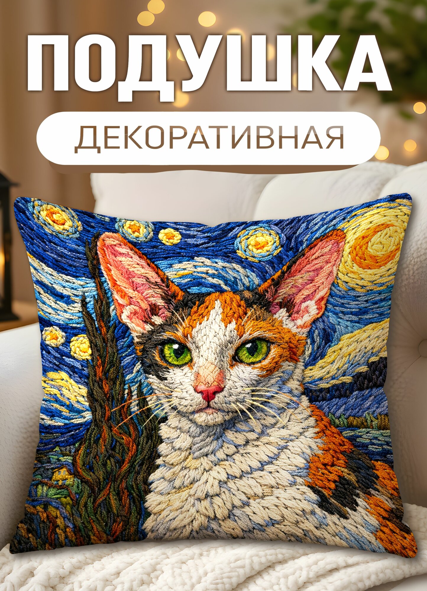 Подушка декоративная Кошки Ван Гог Звездная ночь Корниш-рекс