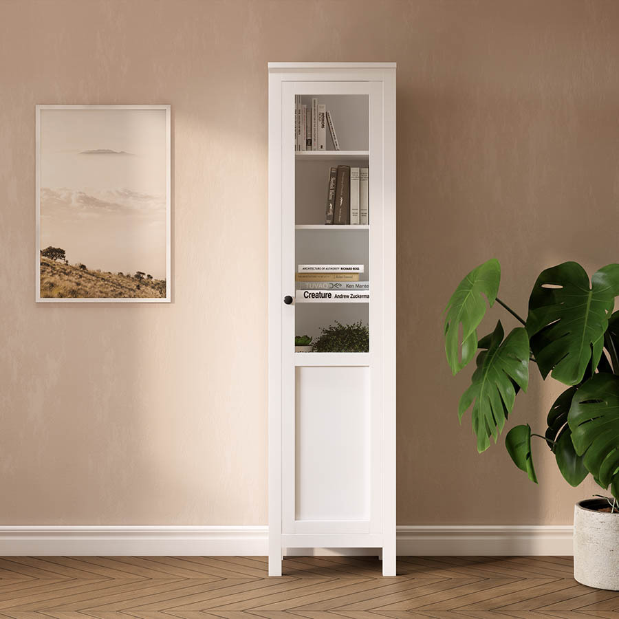 Шкаф витрина узкий HEMNES Кымор дверь ст/пн, массив сосны, цвет белый, (икеа)