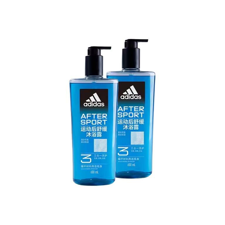 Гель для душа мужской Adidas After Sport 3 в 1 освежающий увлажняющий с ароматом бергамота, 600 мл*2 шт.