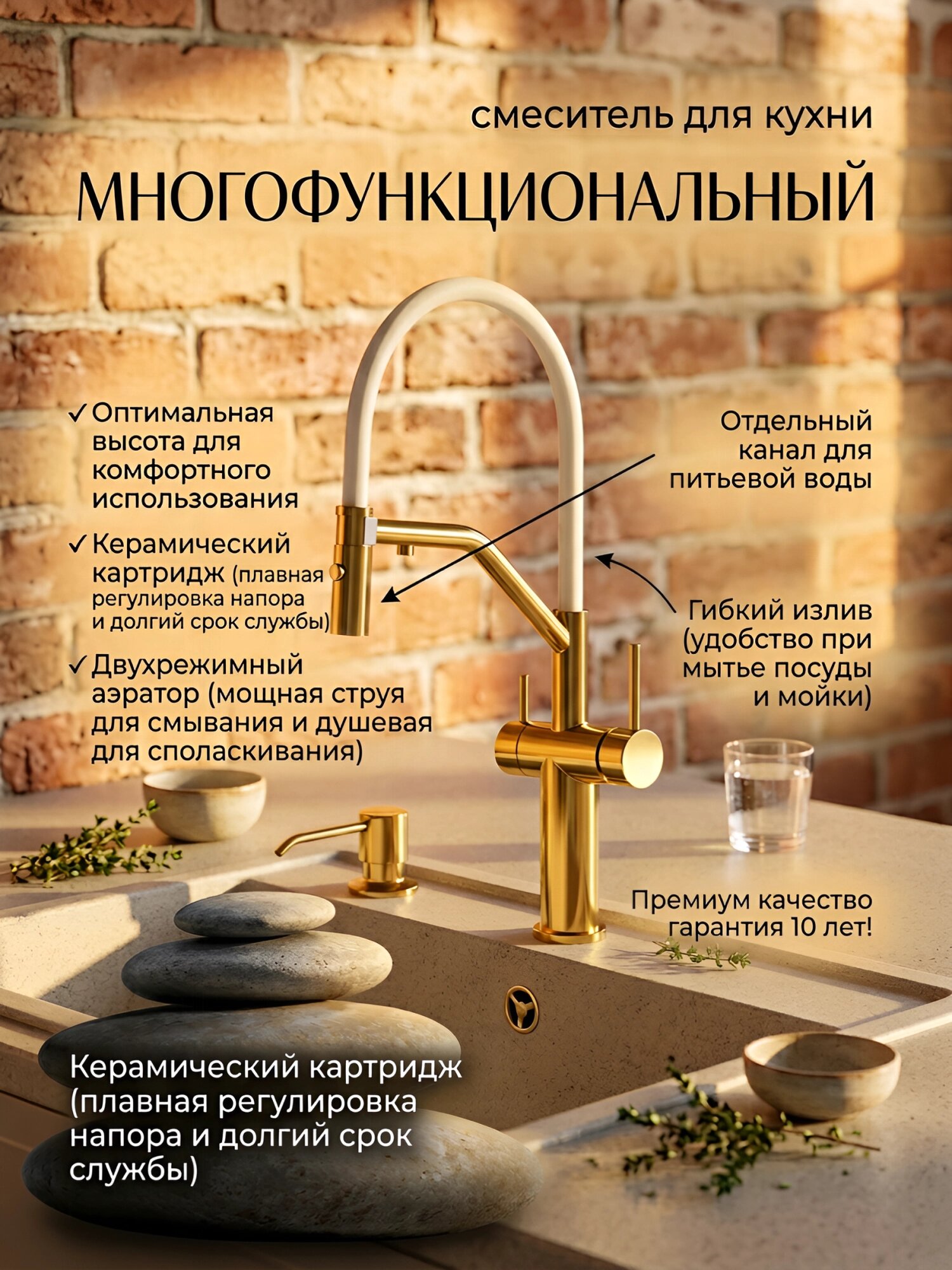 Смеситель для кухонной мойки Gappo G4JW39CY9-JW83FE с гибким изливом и подключением фильтра, золотой сатин