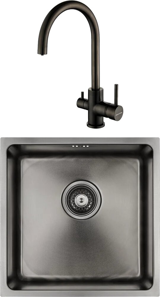 Комплект Мойка Paulmark Vista PM304444-GM 44x44, вороненая сталь, нержавеющая сталь / Смеситель Essen Es213211-GM вороненая сталь, вороненая сталь