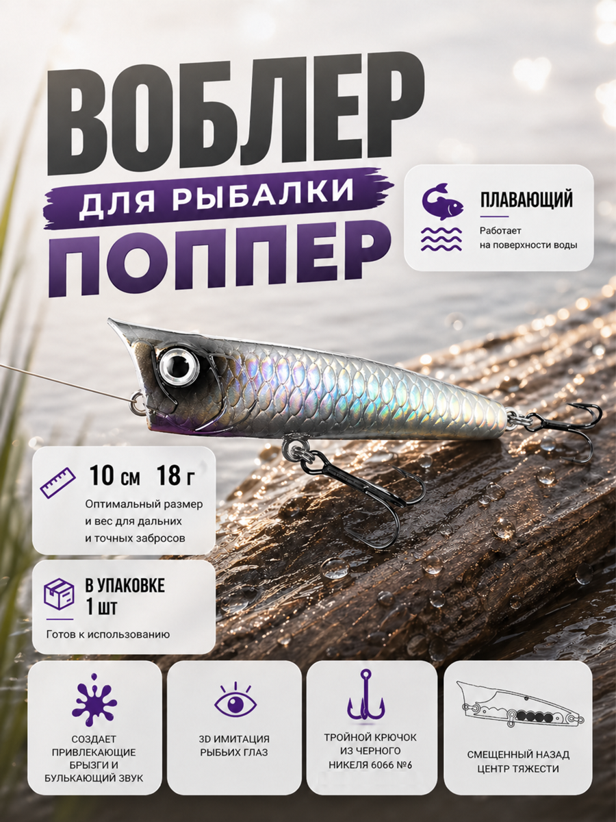 Воблер Jet Splashing Popper для рыбалки, с тройным крючком, имитация рыбной чешуи 10 см/18 г, черно-серебристый