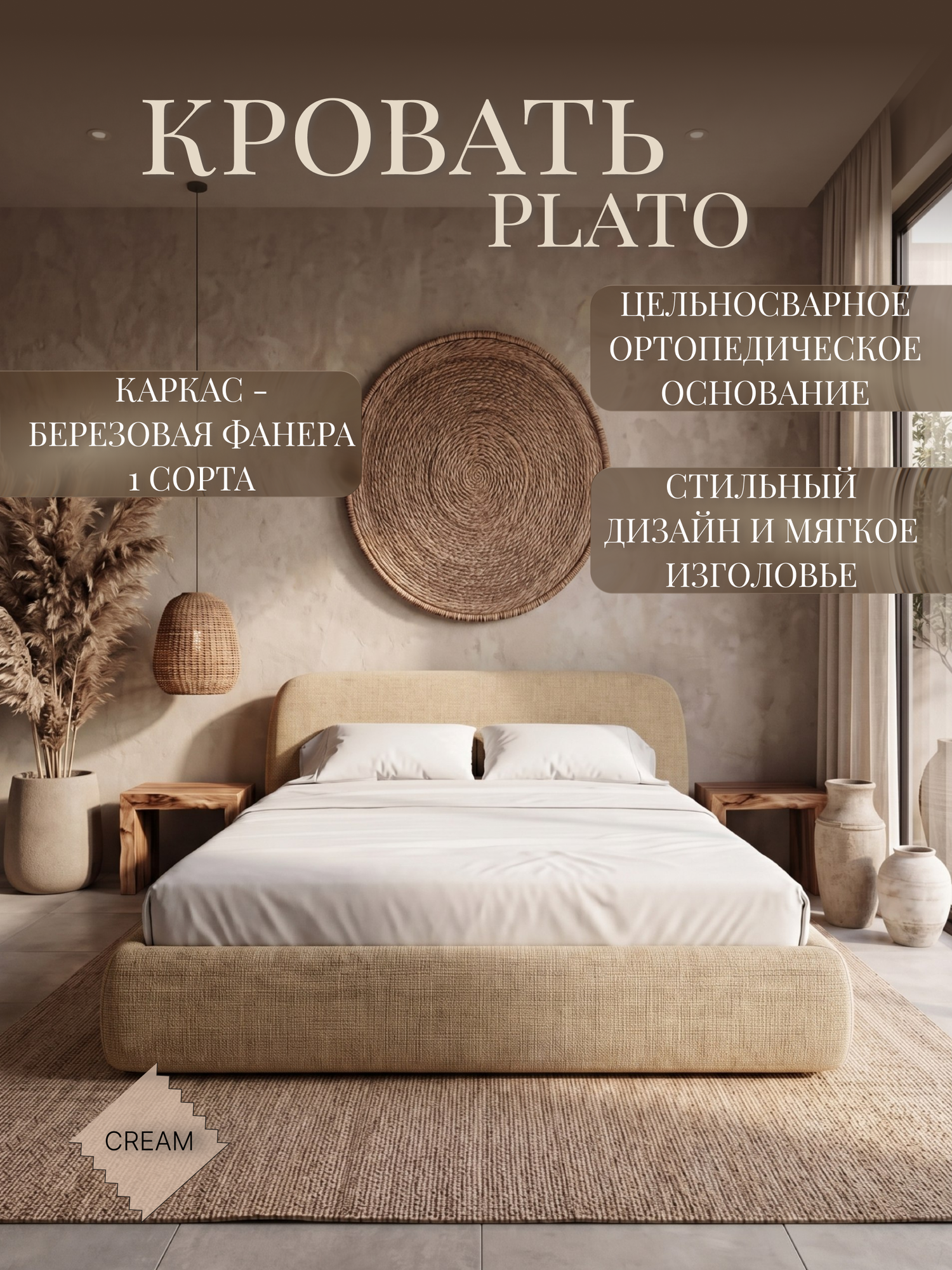 Кровать двуспальная 160х200 с подъемным механизмом Plato cream