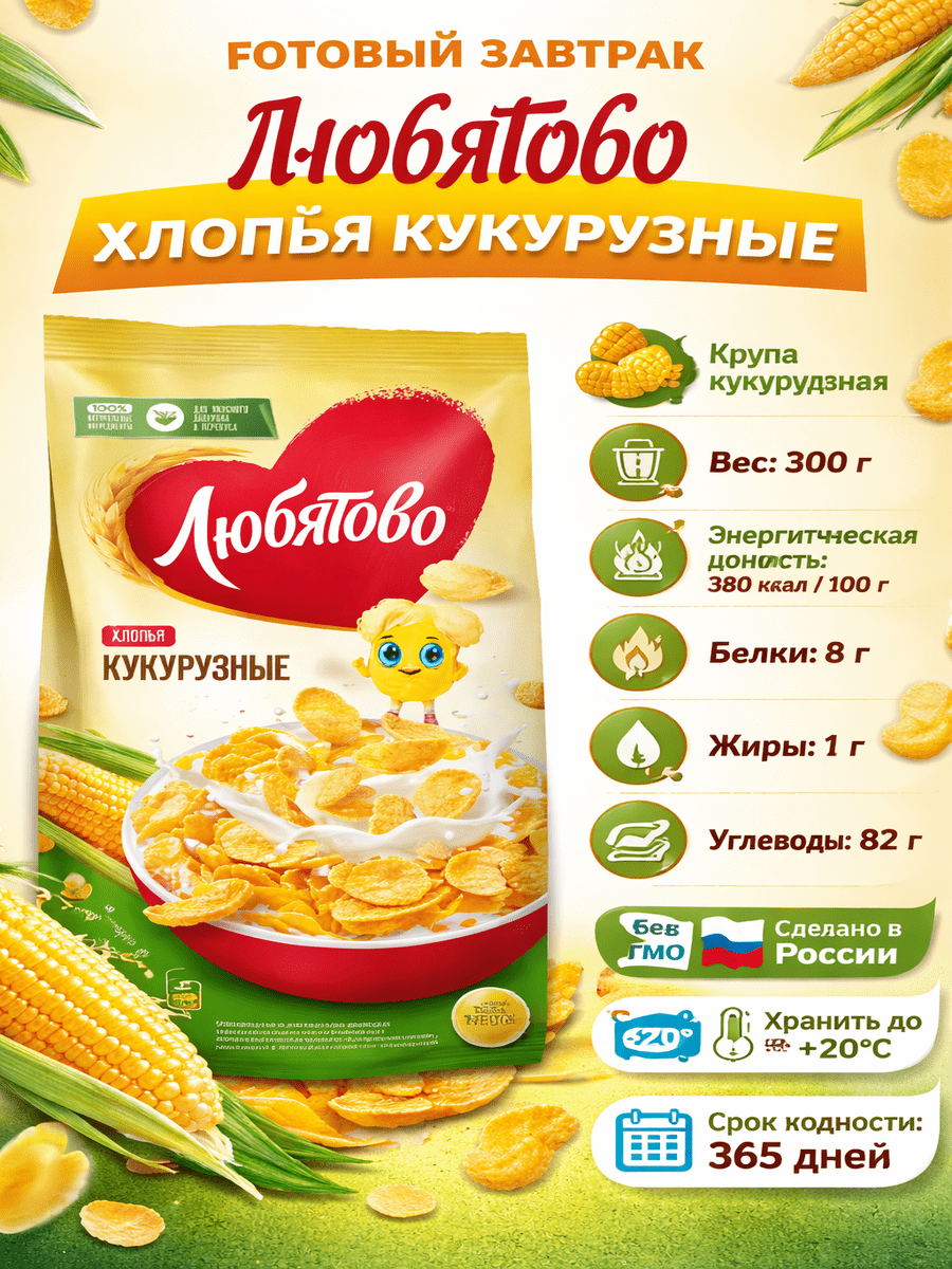 Готовый завтрак Любятово Хлопья кукурузные, 300г